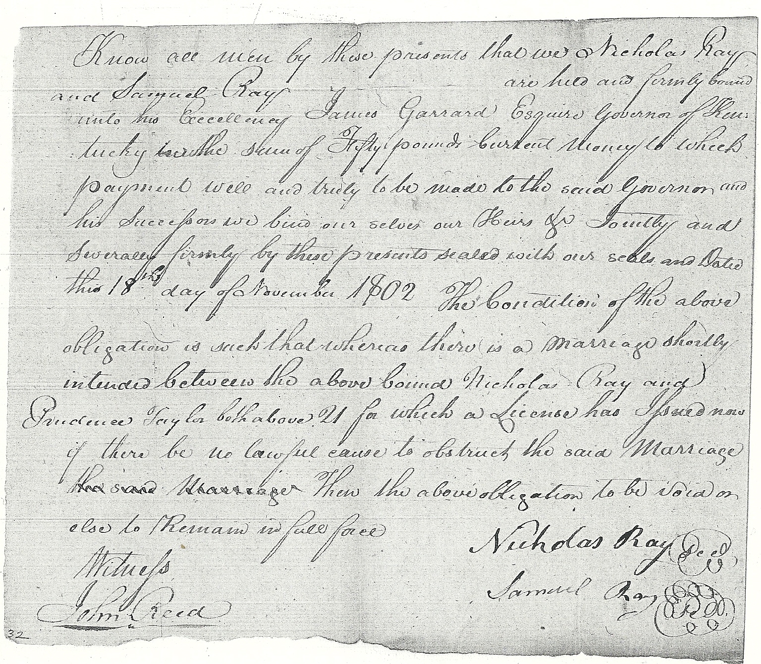 Nicholas Ray and Prudence Taylor 1802 Marriage Bond – Kentucky Kindred ...