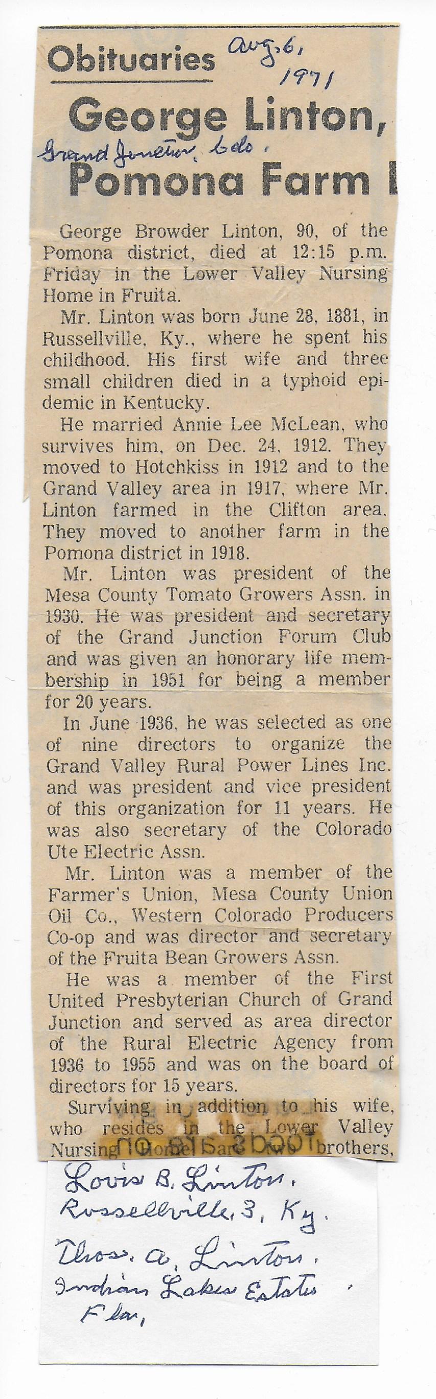 George Browder Linton Obituary – Kentucky Kindred Genealogy