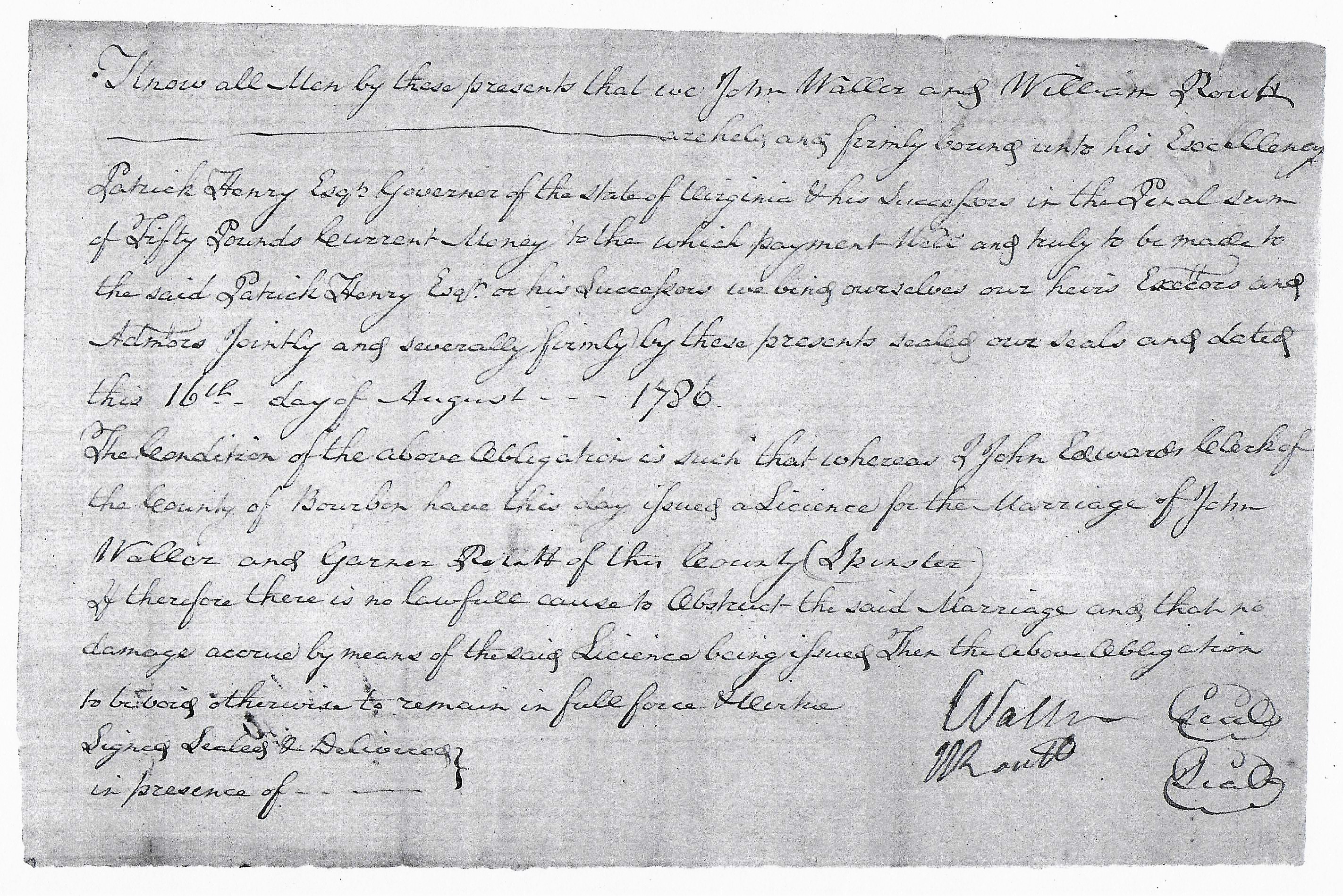 1786 Waller-Routt Bourbon County Marriage Bond – Kentucky Kindred Genealogy