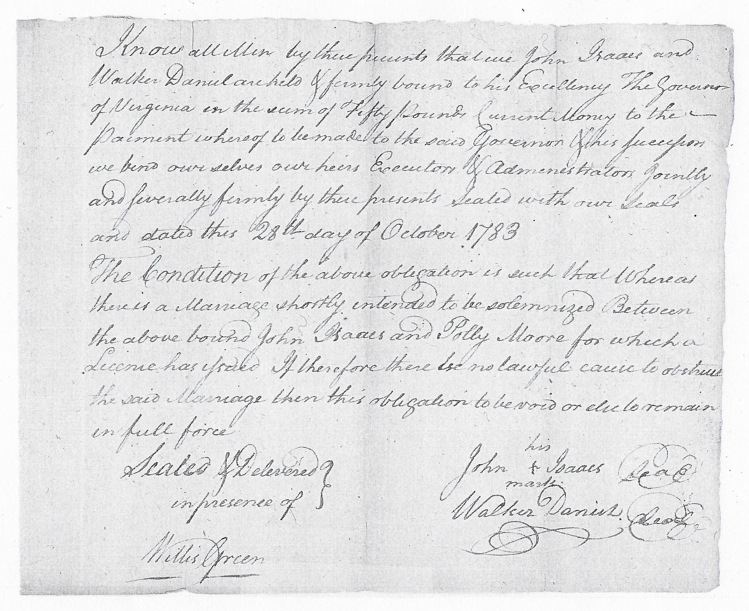 Isaacs – Moore 1783 Marriage Bond – Kentucky Kindred Genealogy