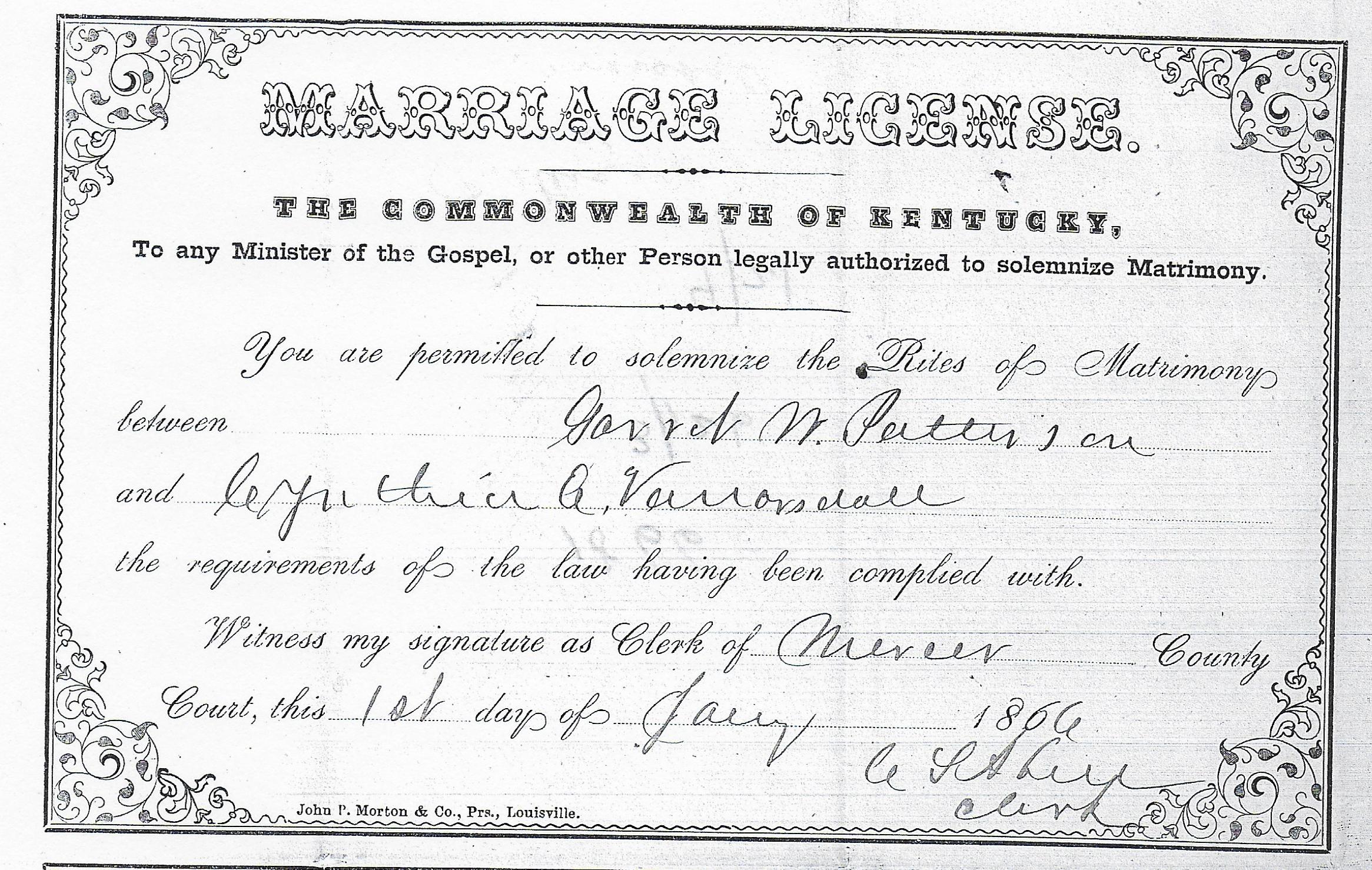 Patterson – Vanarsdall Marriage License and Certificate – Kentucky ...
