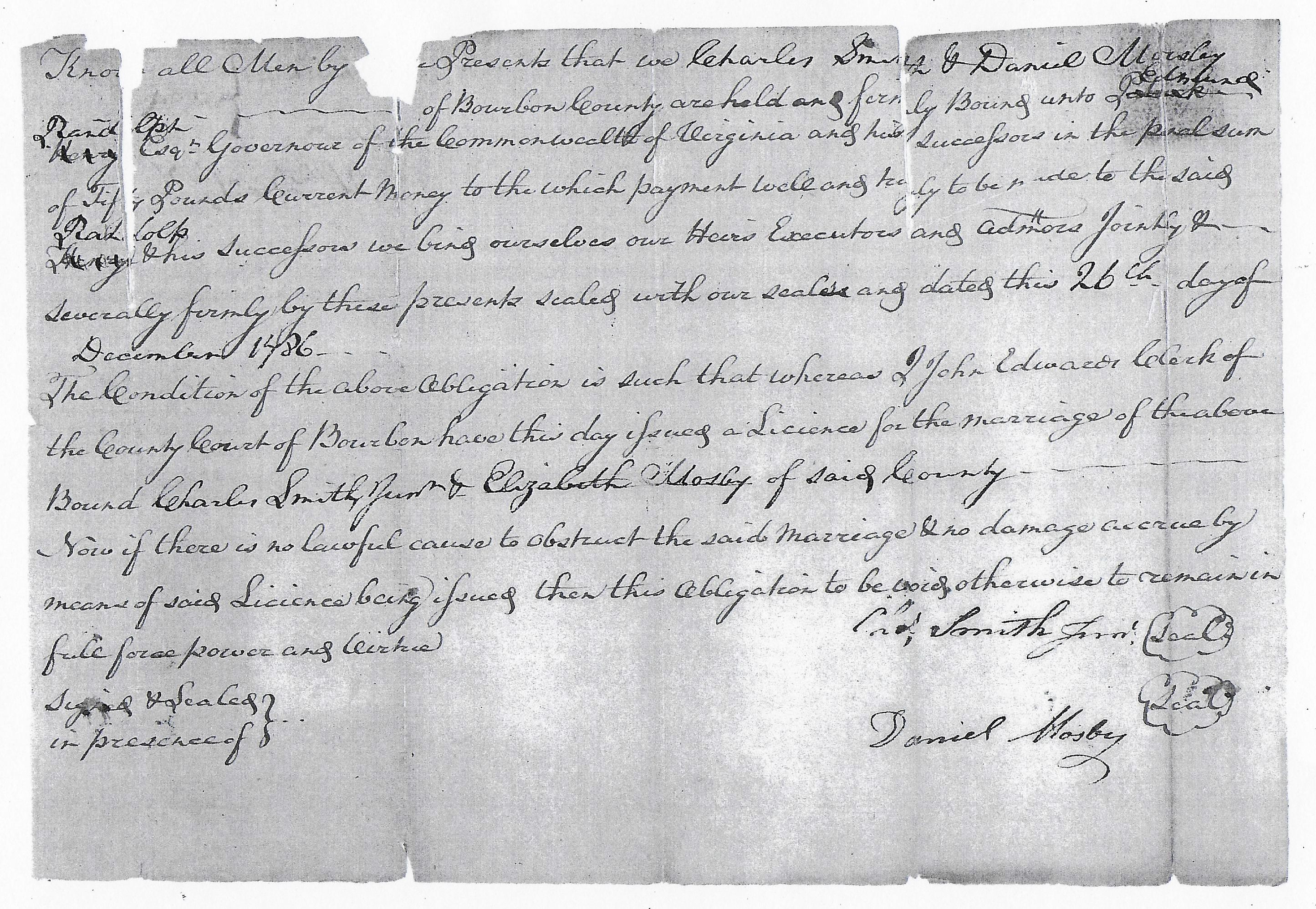 1786 Smith – Mosby Marriage – Bourbon County – Kentucky Kindred Genealogy