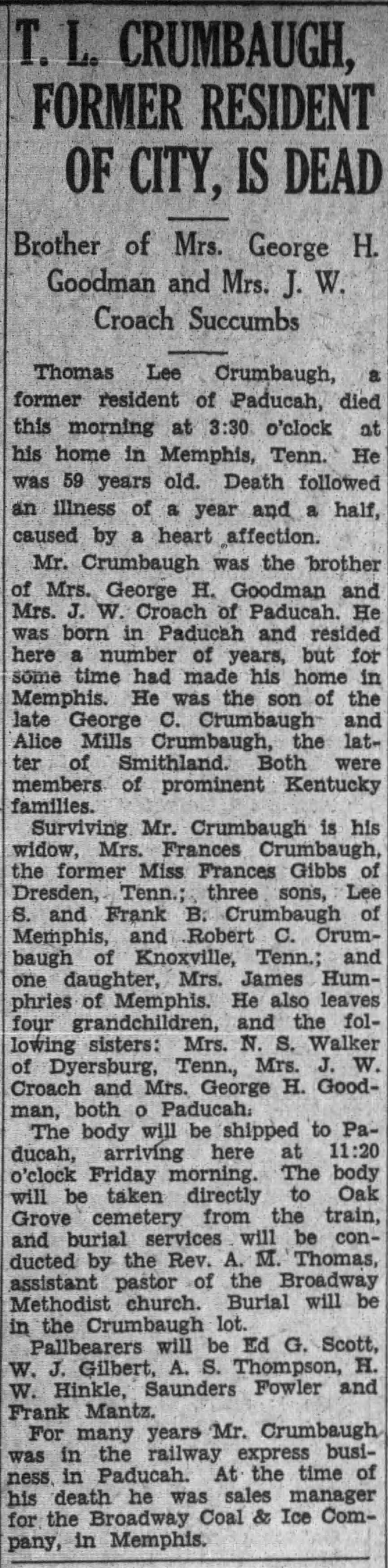 Thomas Lee and Frances Gibbs Crumbaugh Obituaries – McCracken County ...