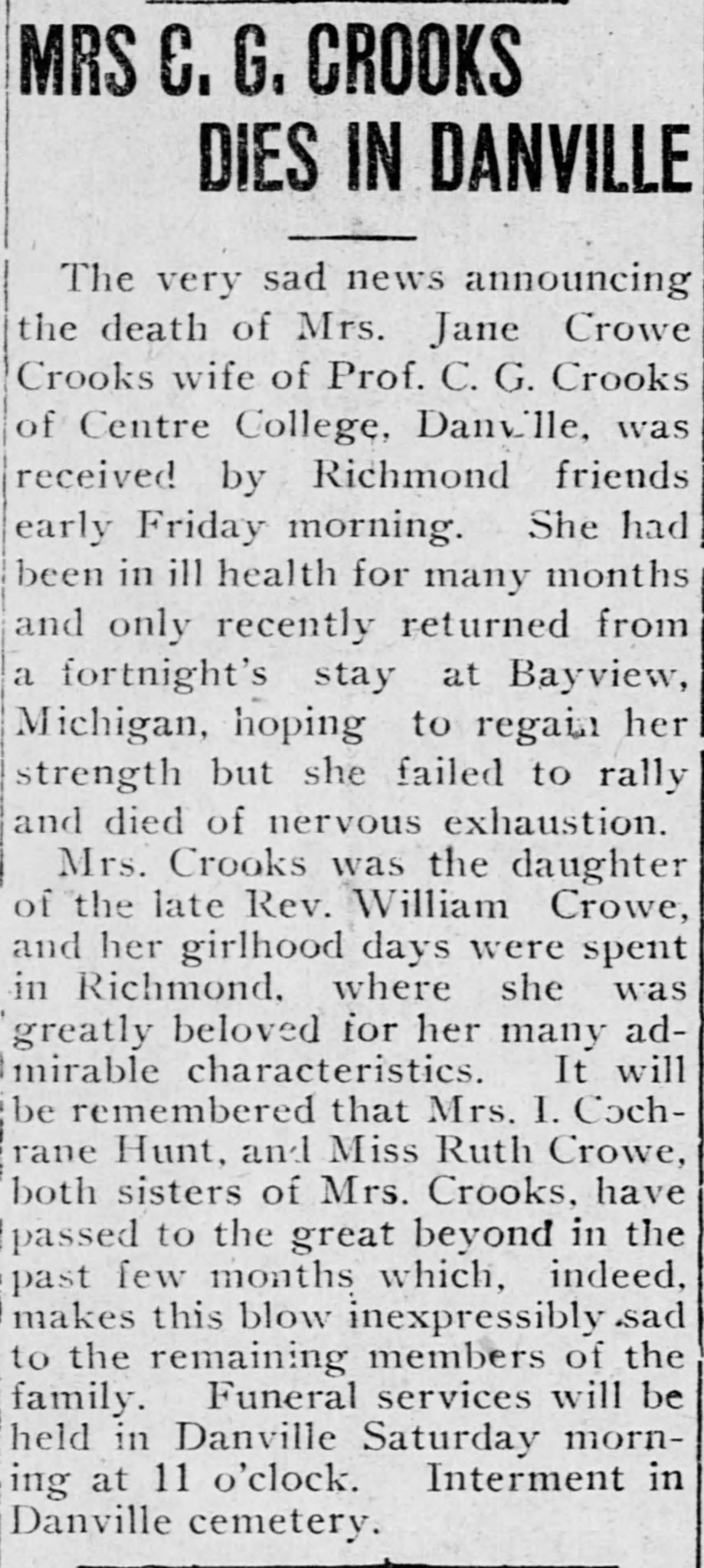 Rev. William Crow, Wife Elizabeth and Daughter Ruth Buried In Bellevue ...