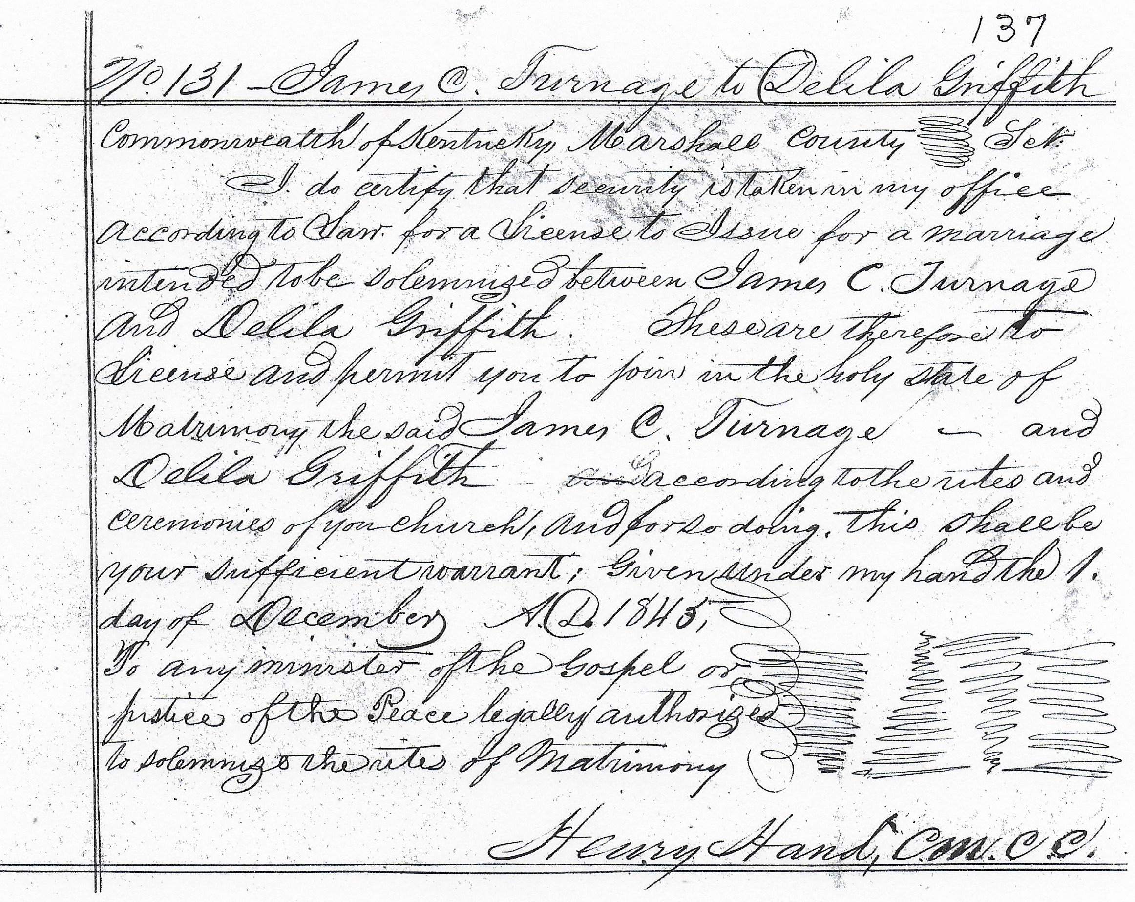 1845 Marriage License for James C. Turnage and Delila Griffith ...