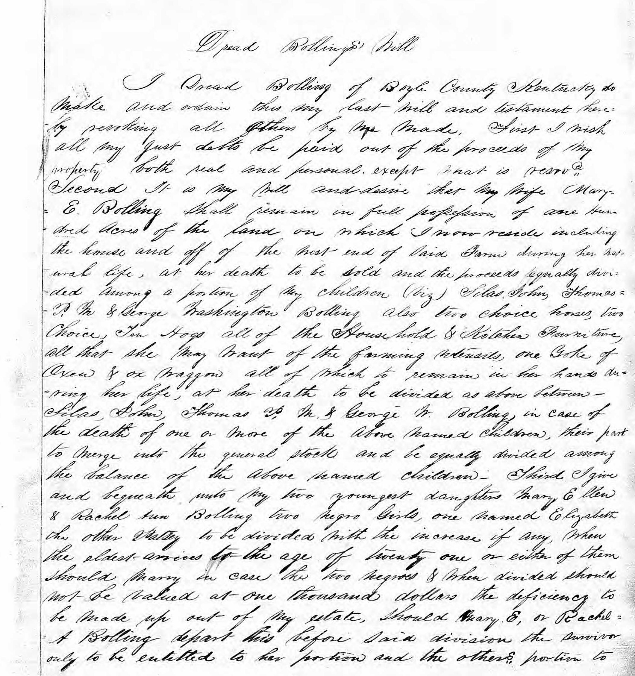1846 Will of Dread Bolling – Boyle County – Kentucky Kindred Genealogy