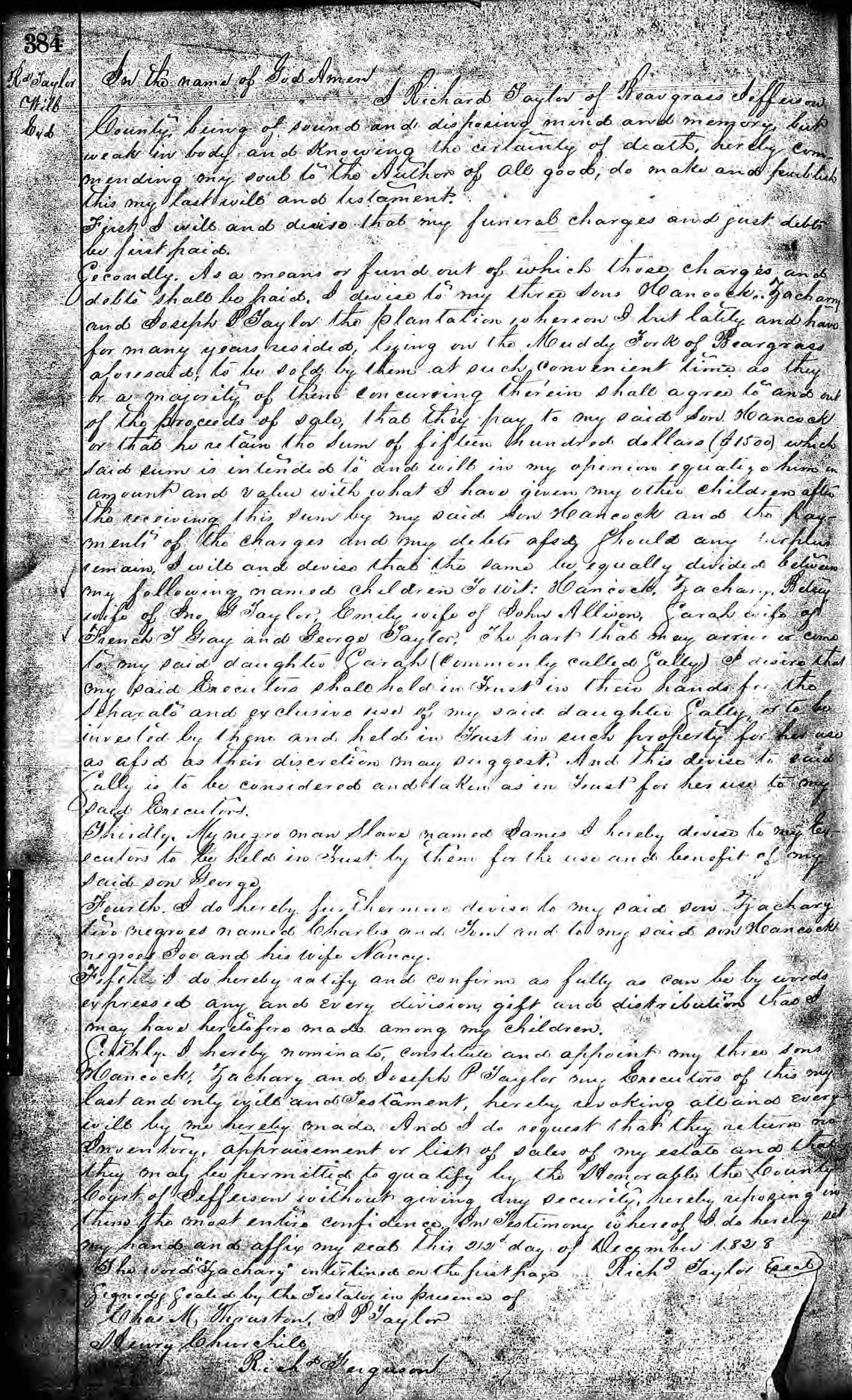 Will of Colonel Richard Taylor – Jefferson County – Kentucky Kindred ...
