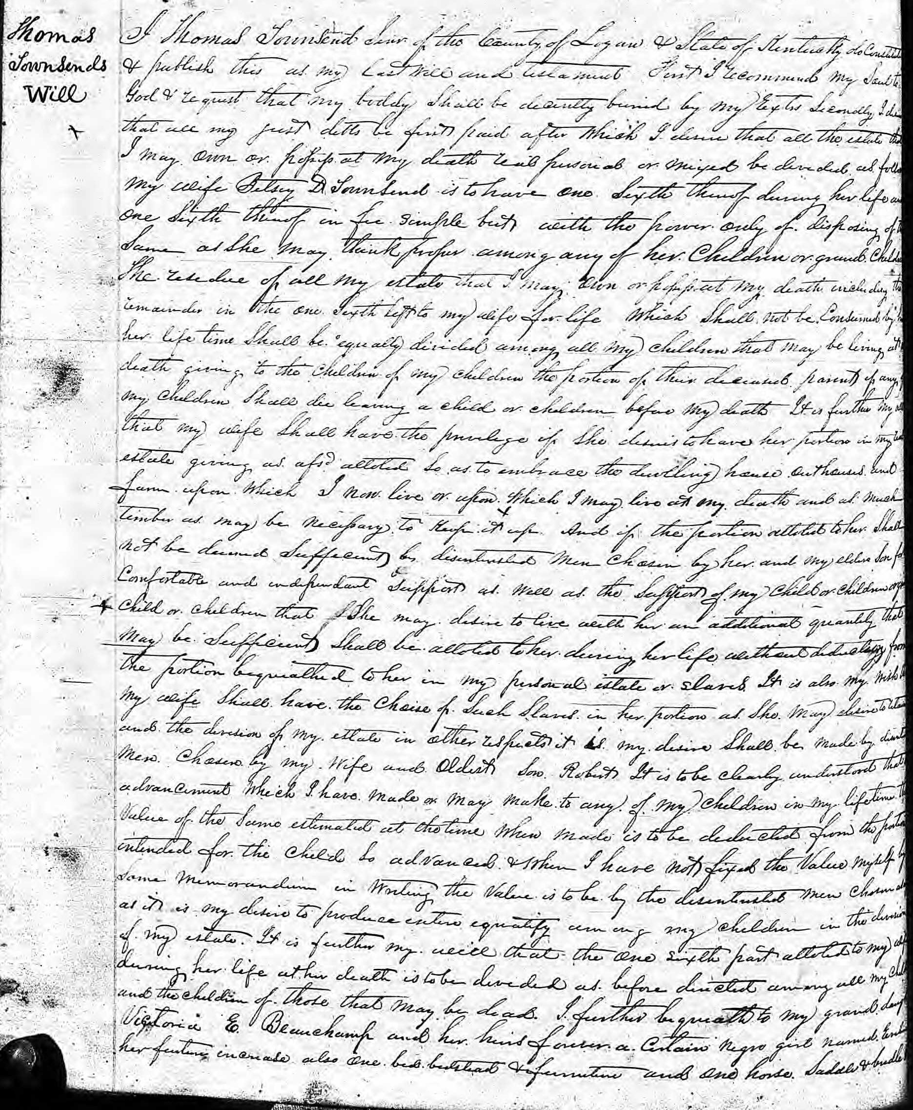 1845 Will of Thomas Townsend – Logan County – Kentucky Kindred Genealogy