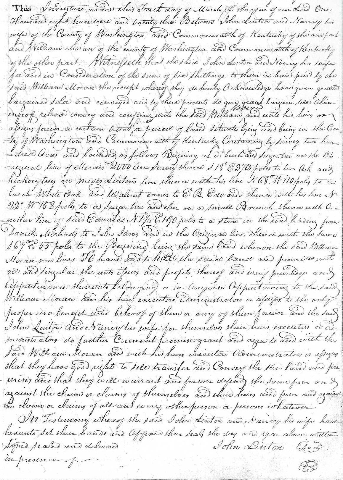 Indenture Between John and Ann Linton and William Moran – Washington ...