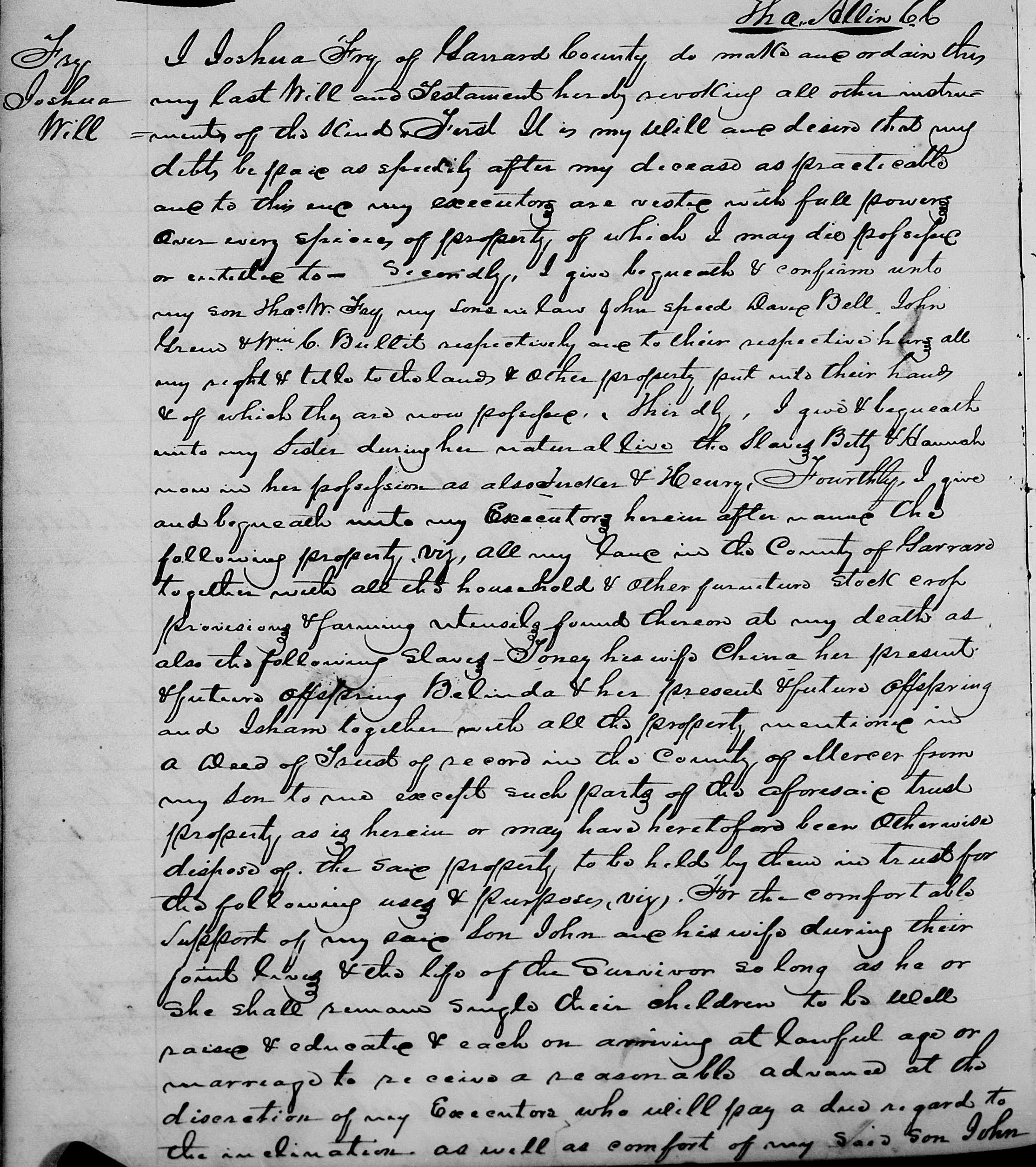 Will of Joshua Fry – Mercer County – Kentucky Kindred Genealogy